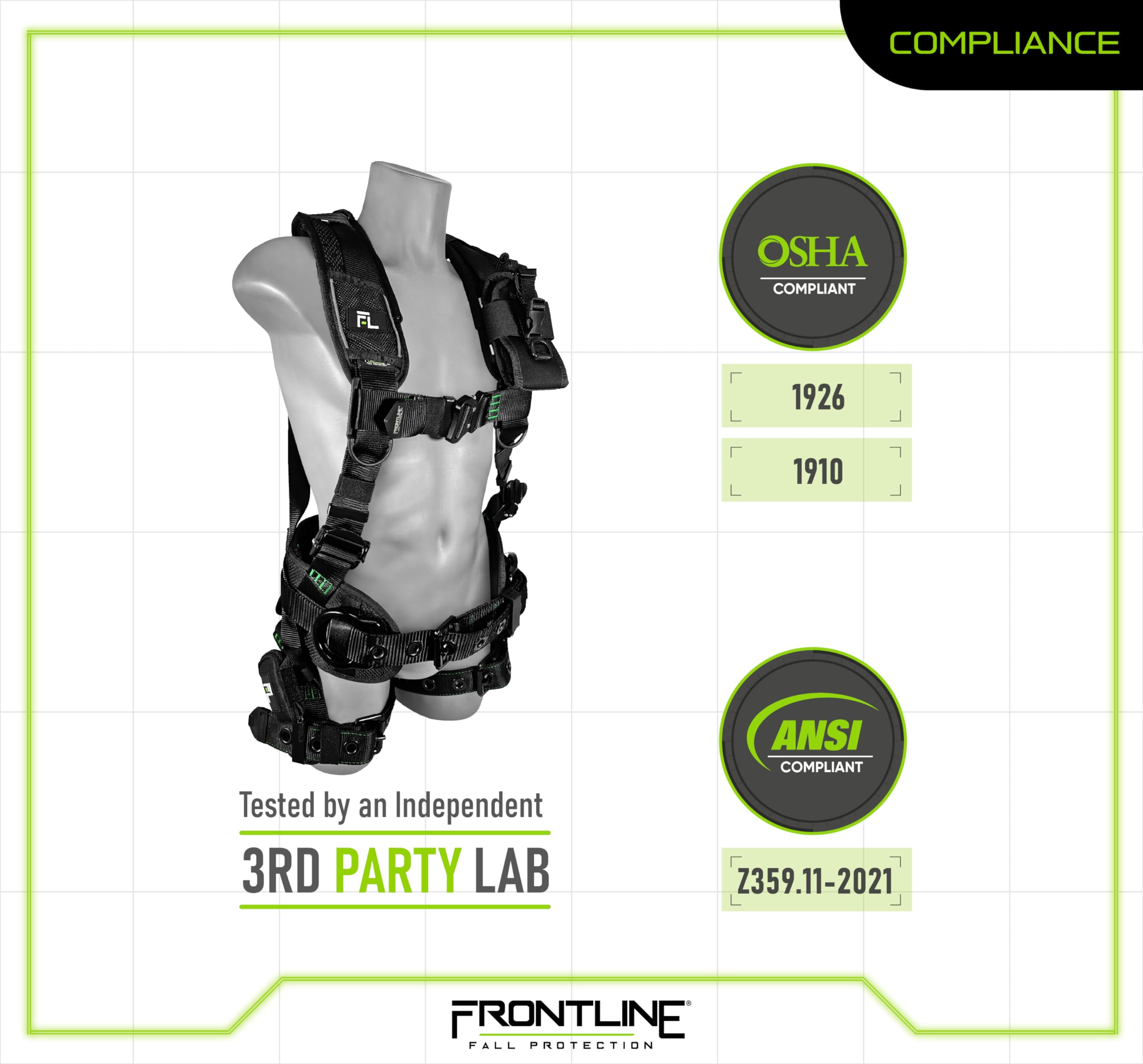 FRONTLINE FALL PROTECTION 250CTB Elite™ Construction Harness | Aluminum Hardware | Suspension Trauma Straps | Reflective Trim| Perforated Pads| OSHA&ANSI (Size:M/L)