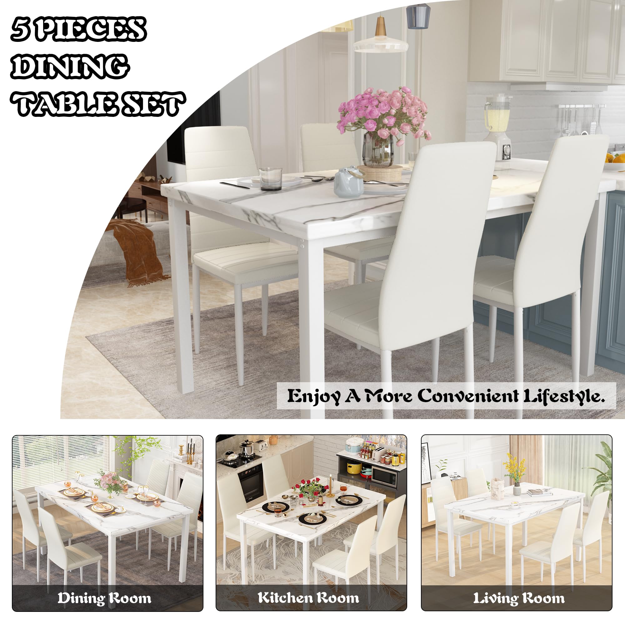 DKLGG Dining Table Set for 4, 5 Piece Kitchen Table Set with PU Leather Chairs Space-Saving Faux Marble Dining Room Table Set for 4 for Small Home Kitchen, Apartment