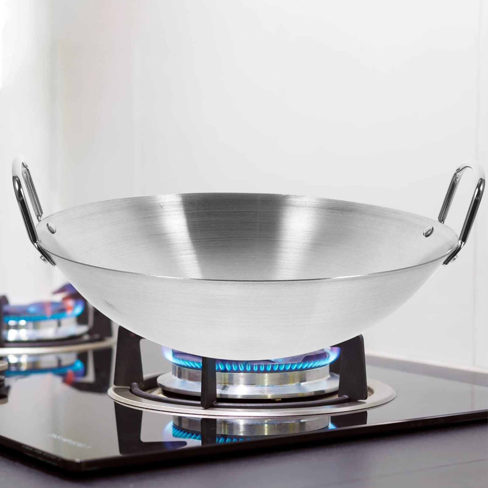 Hemoton 11 Inch (28cm) Heavy Stainless Steel Wok, Traditional Canton Style, Dual- handled Steel Wok (Round Bottom)