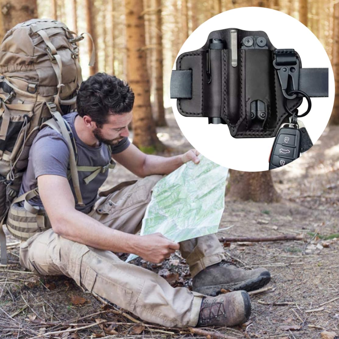 Leather Multitool Sheath for Belt, EDC Pocket Organizer with Key Holder, Storage Belt Waist Bag Flashlight, Multitool Pouch for Men Camping (Black).