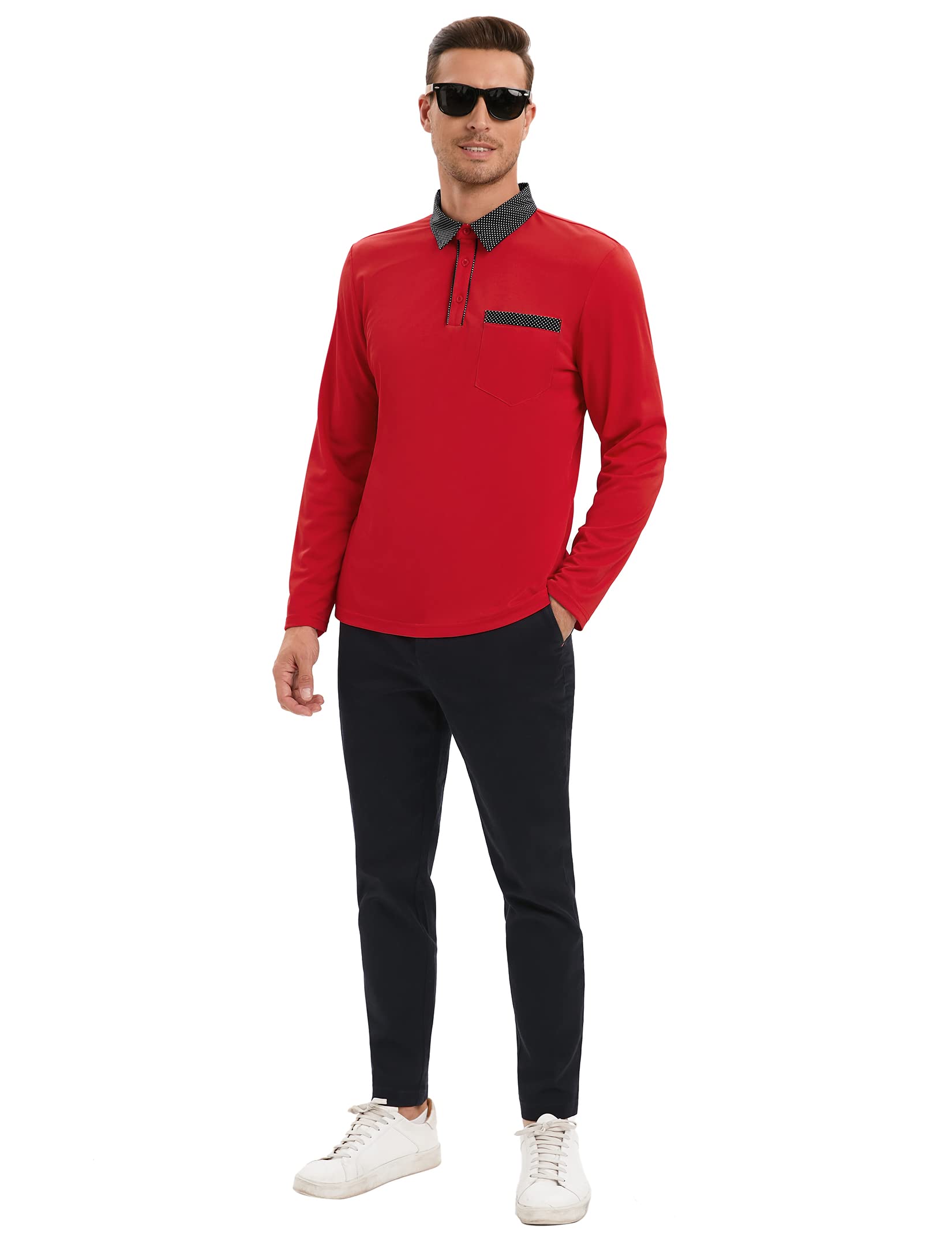 EliteSpirit Mens Long Sleeve Polo Shirts Casual Polka Dot Collared Golf Shirt with Pockets Wine Red S