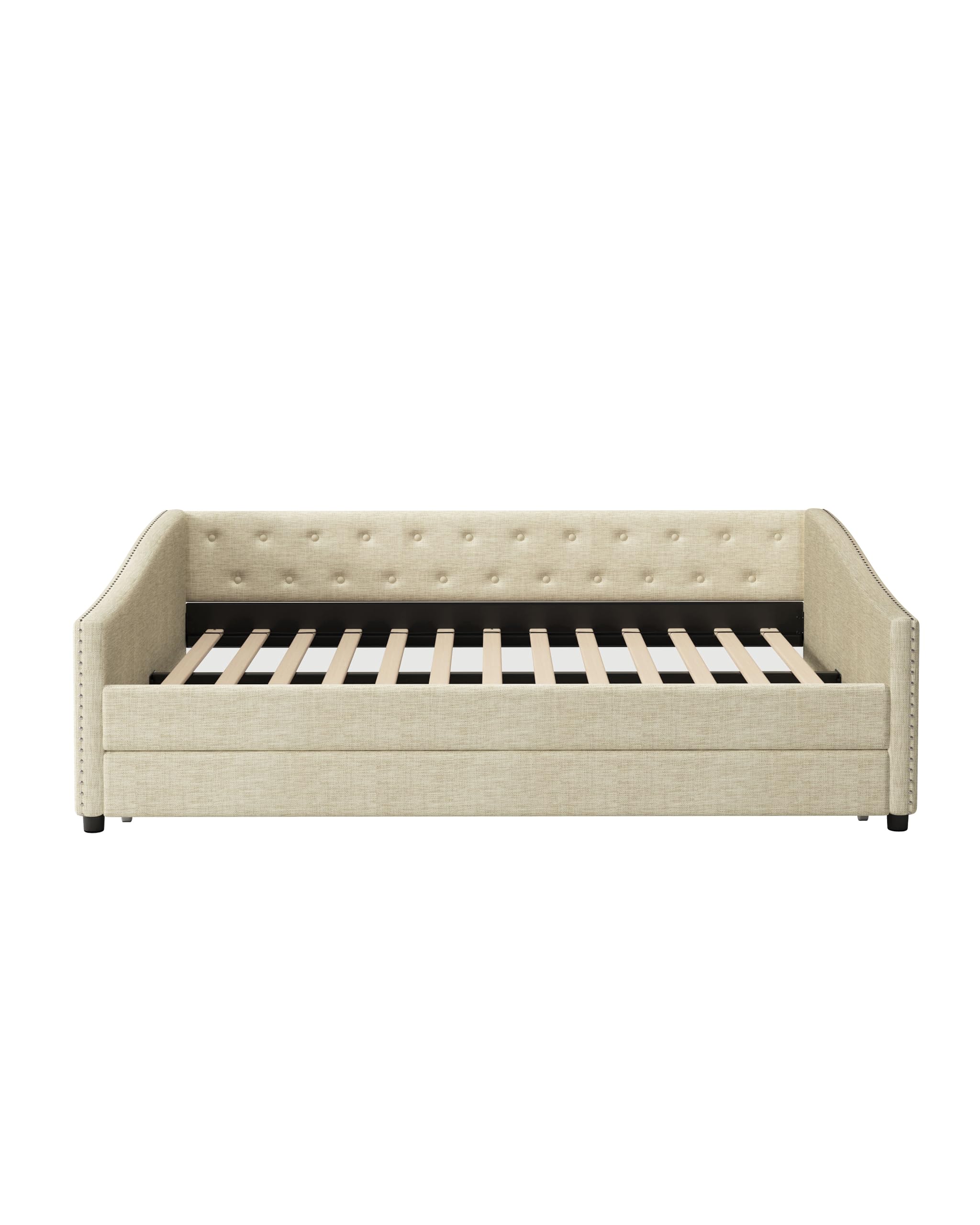 Jintop Full Size Velvet Upholstered Tufted Daybed with 2 Drawers,Modern Wood Bed Frame w/Armrests,Slat Support,No Box Spring Needed,Daybeds for Apartment,Bedroom,Guest Room,Beige