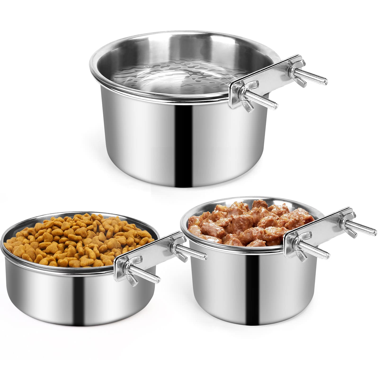 Dog Crate Water Bowl, 3 pcs Stainless Steel Dog Bowls, Durable Anti-Spill Pet Metal Bowl for Cage Kennel Crate, Hanging Water/Food Bowl for Medium & Large Dogs (7.1x3.5'' & 6.3x2.6'' & 5.5x3.1'')