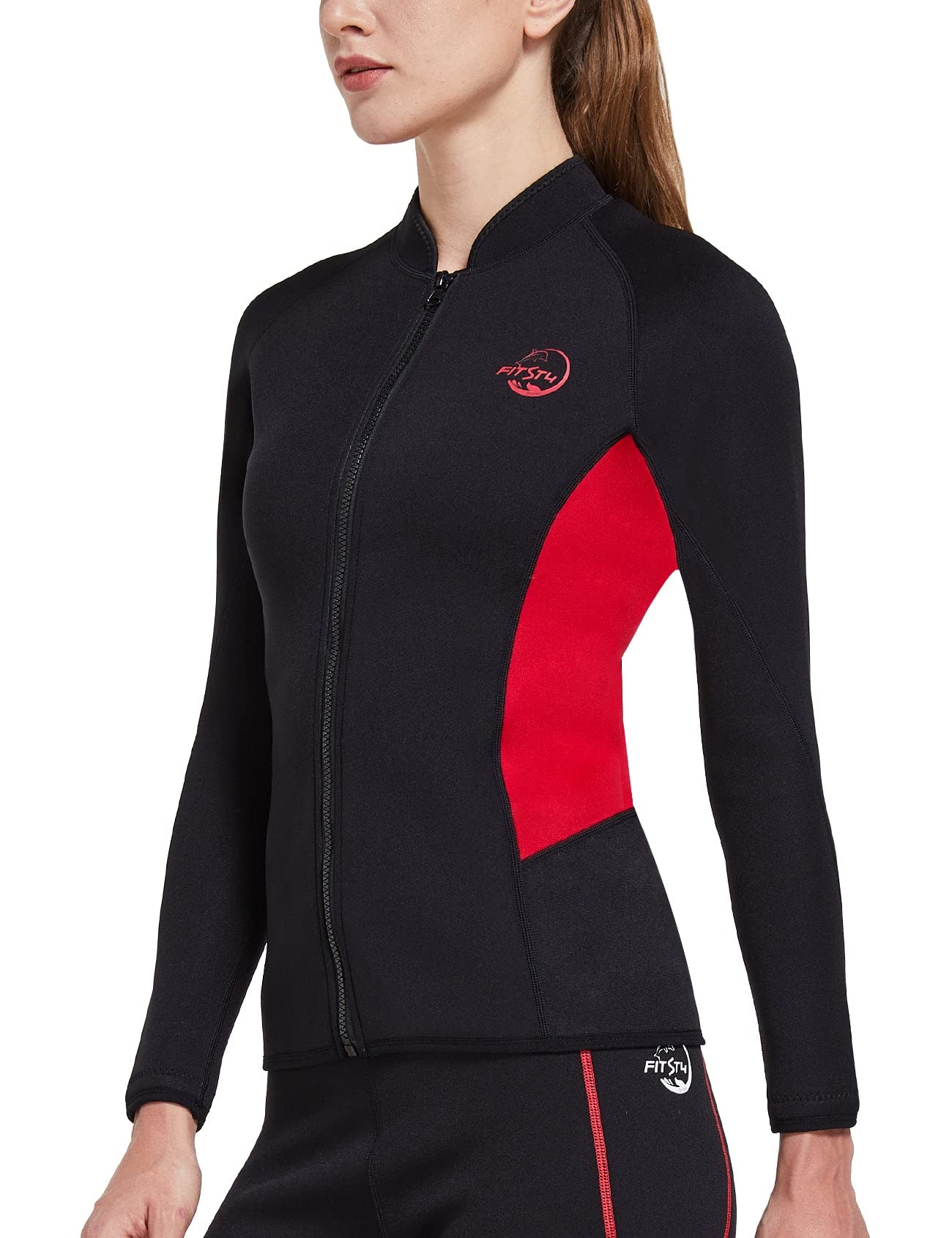 FitsT4 Womens Wetsuit Top 2mm Long Sleeve Neoprene Wetsuit Jacket with Front Zipper for Swimming Diving Surfing Boating Kayaking Snorkeling Red XL