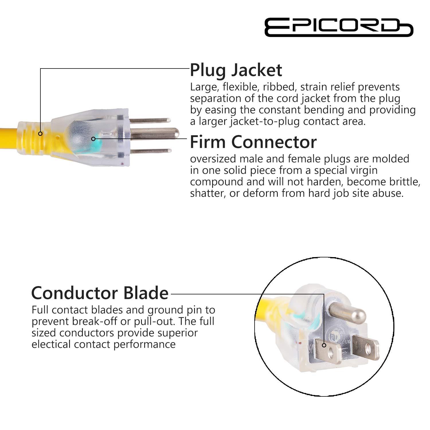 EPICORD 8 Ft Outdoor Extension Cord with 3 Electrical Power Outlets, 16/3 SJTW White 16 Gauge Extension Cable with 3 Prong Grounded Plug for Safety, ETL
