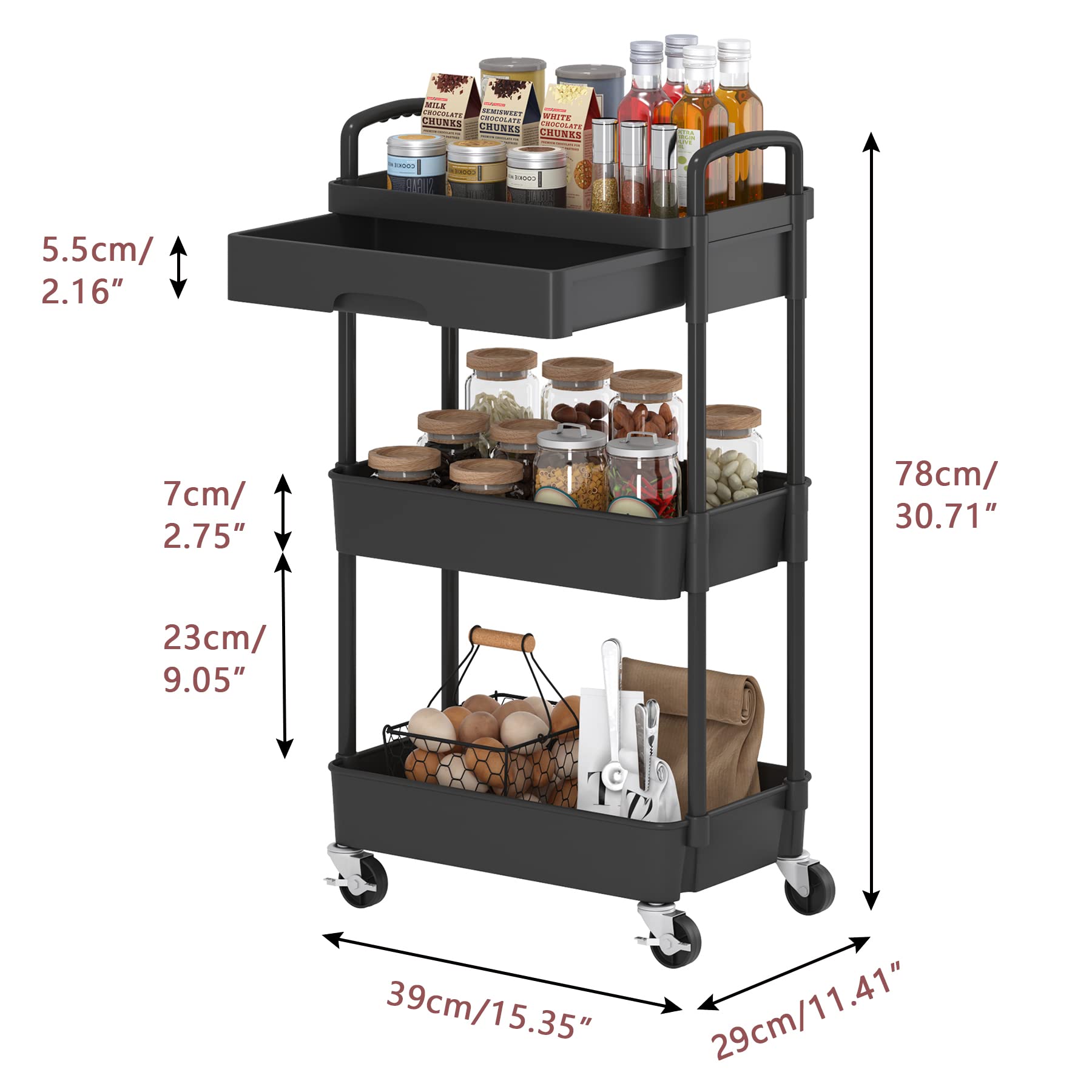 Dttwacoyh 3-Tier Rolling Cart,Trolley with Drawer, Multifunctional Storage Organizer with Plastic Shelf & Metal Wheels, Kitchen Storage Cart for Living Room, Kitchen, Office, Bathroom, White
