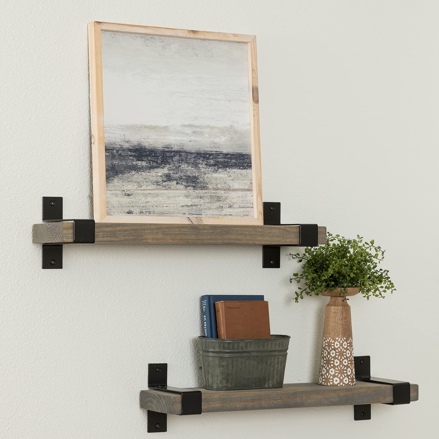 del Hutson Designs 20 Inch Industrial Grace Urban Solid Natural Pine Wood Wall Wrap Bracket Display Floating Utility Shelf Set, Gray (Set of 2)