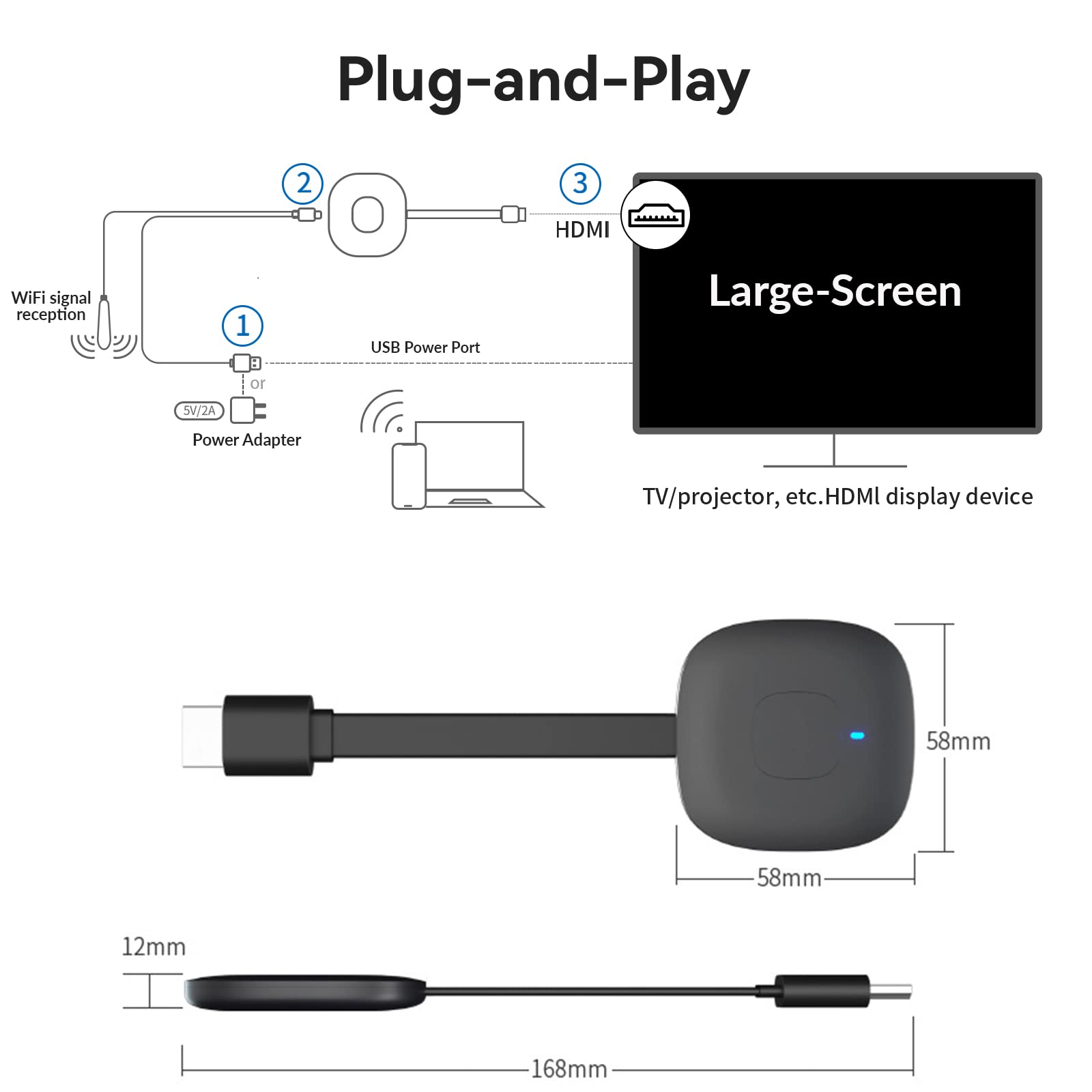 FIRE BULL Wireless HDMI Display Adapter 4K,Casting 2.4GHz Stable Signal Video/Audio, Wireless WiFi Display Dongle Receiver Support iPhone iOS Android Mac ipad Casting/Mirroring to TV Projector Monitor