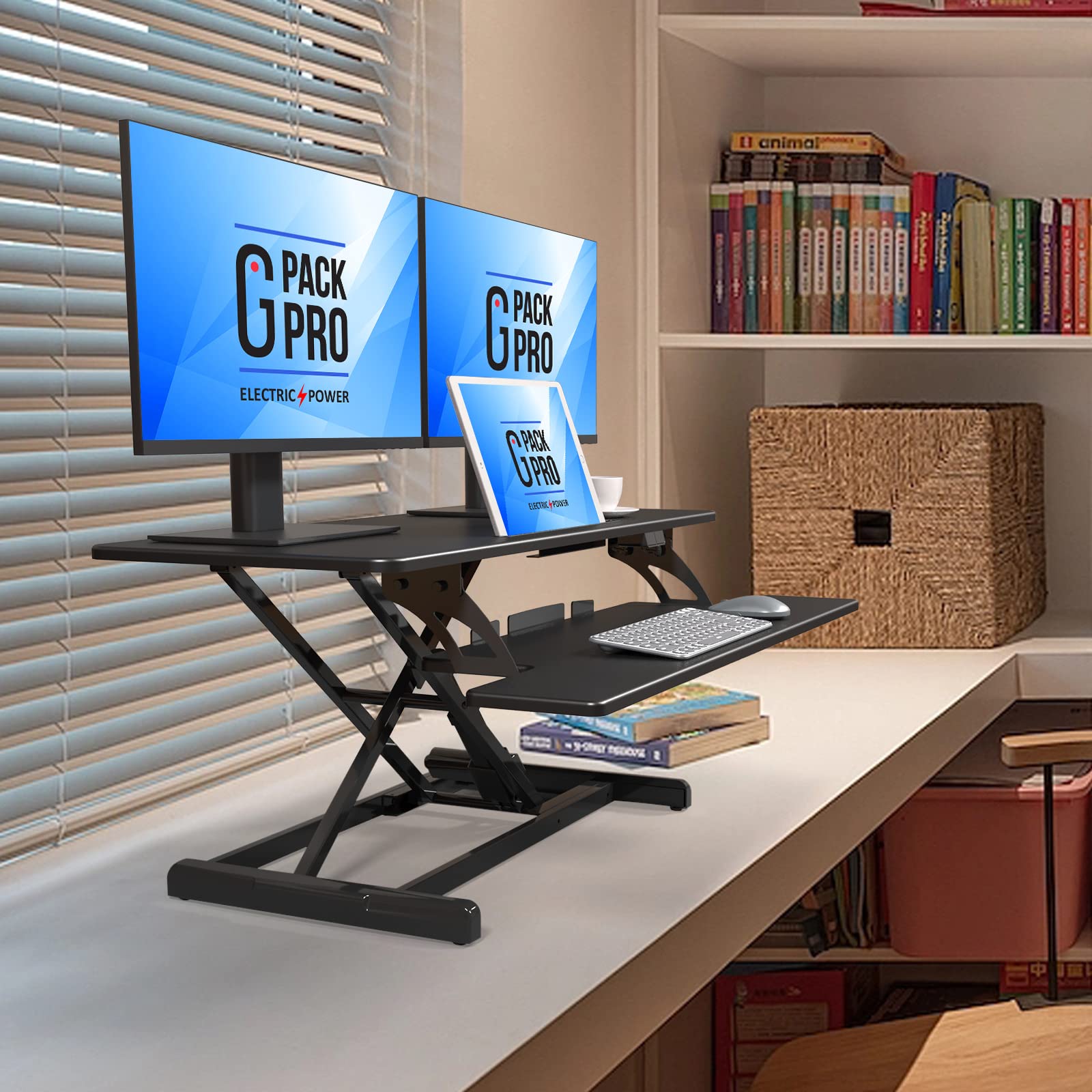 G-PACK PRO X38 Large Height Adjustable Electric Standing Desk Converter with Dual 11 Monitor Mount Arm Bundle - Quick Sit Stand Up Computer Workstation Riser -...