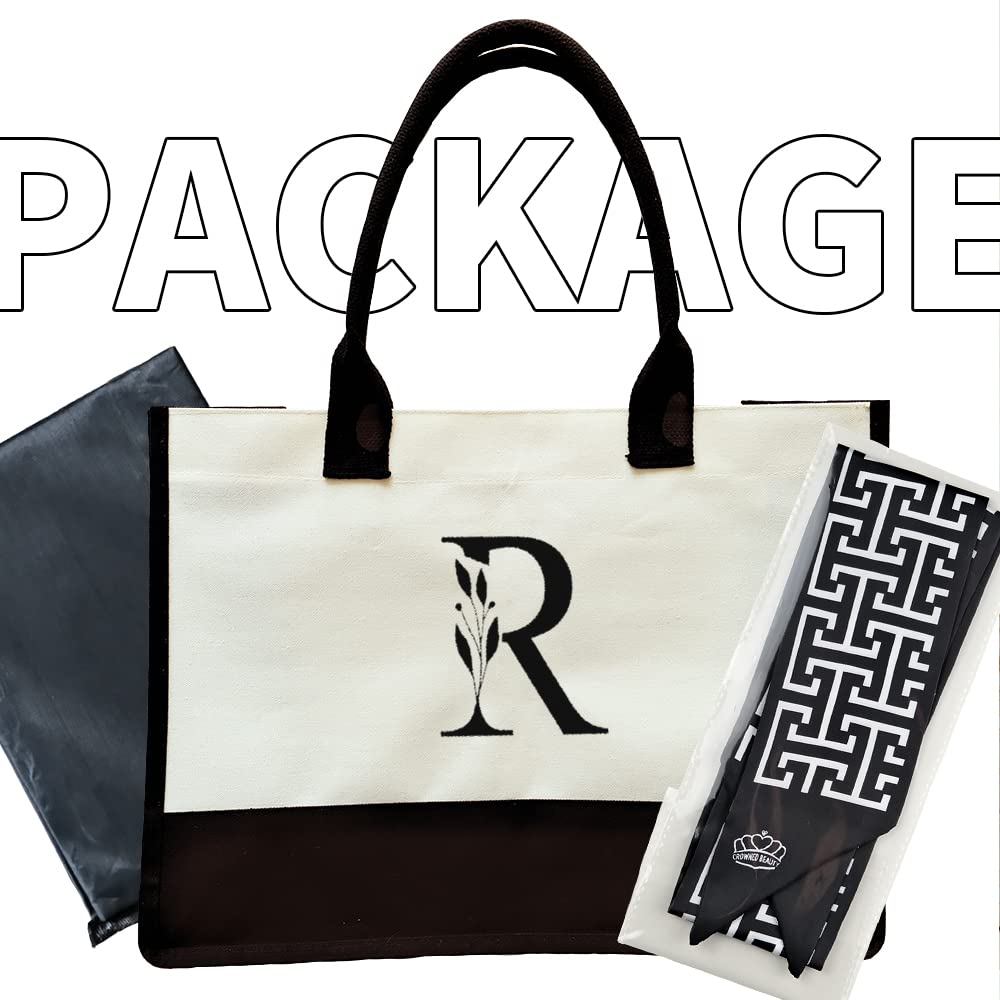 CROWNED BEAUTY Canvas Tote Bag with Zipper Pocket, Personalized Birthday Gift for Women, Embroidery Initial Letter R Bag for Vacation Beach CT43-R