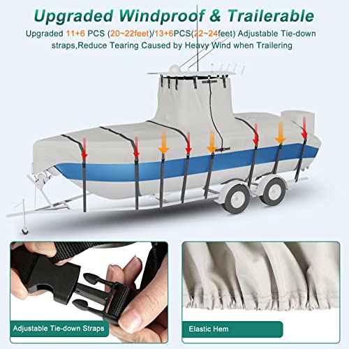 Nukugula 800D 100% Waterproof T-Top Boat Cover Marine Grade Canvas Trailerable T Top Boat Cover with 19 Windproof Straps Fit 22'-24' Long (Beam Width Up to 116") Center Console Boat with T Top Roof