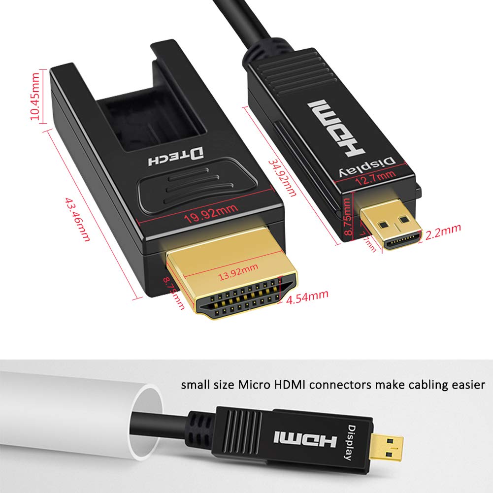 DTech Fiber Optic HDMI Cable 100 Feet 4K 60Hz 444 Chroma Subsampling 18Gbps High Speed Ultra HD 100ft Micro HDMI to Standard HDMI Cord Removable Ends Compatible with TV Projector Computer Monitor