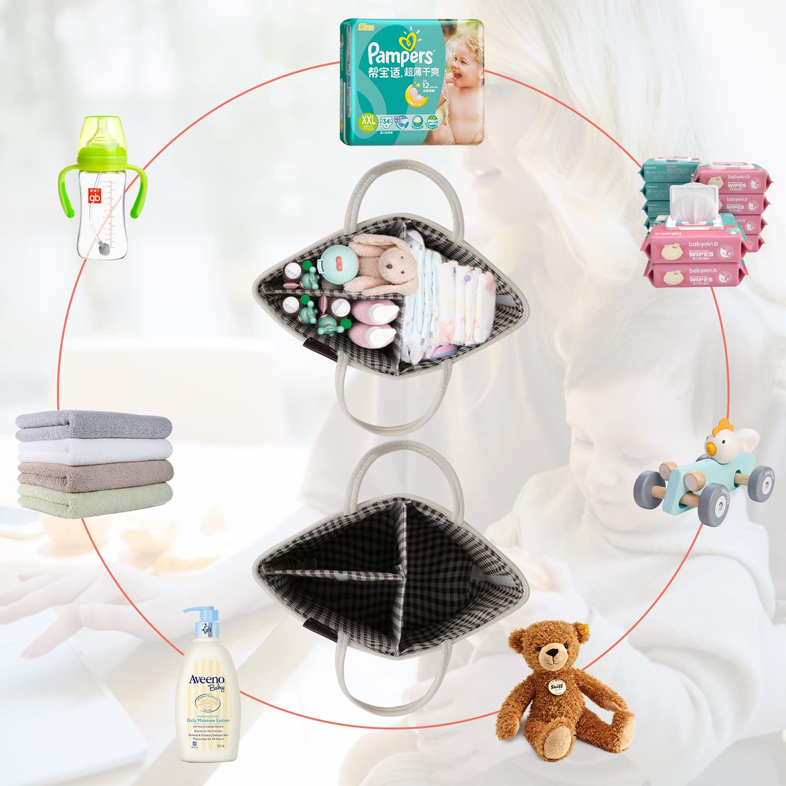 G.a HOMEFAVOR Baby Diaper Caddy Organizer - Extra Large Nappy Caddy Rope Nursery Storage Bin - Large Diaper Basket, 3 Compartments and 2 Removable Dividers, Brown
