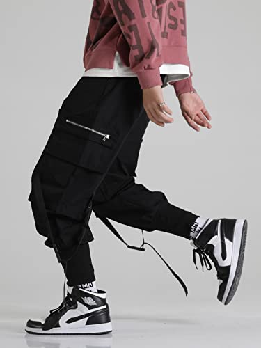 Verdusa Men's Flap Pocket Drawstring Elastic Waist Street Cargo Pants Joggers Black M