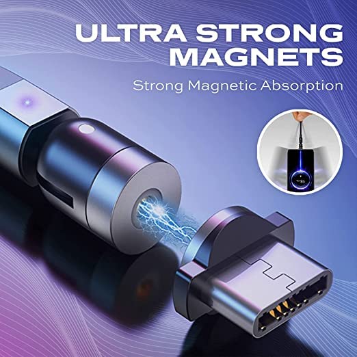 Statik 360 Rotating Magnetic Charging Cable - USB to USB C Cable, Micro-USB, Magnetic iPhone Charger, 3-in-1 Tip Adapters, Magnetic Phone Charger with LED Light, 90 Degree Right Angle, Black, 3FT/1M
