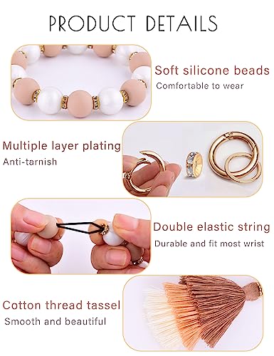 Donouzair Cute Keychain Wristlet,Silicone Beaded Key Ring Bracelet Keychain Car Holder Key Chains for Women with Gift Box(Oatmeal)