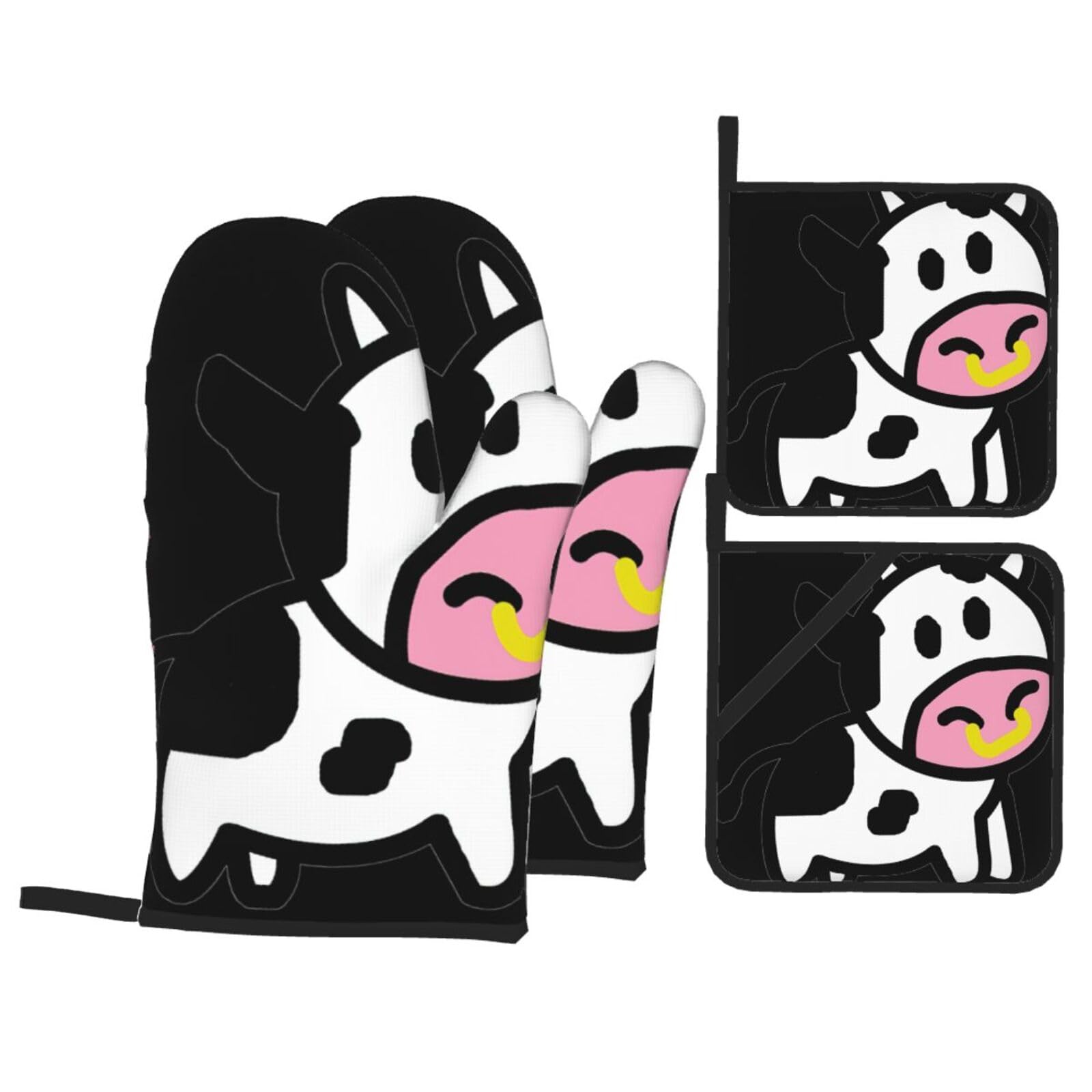 Cute Cow Kitchen Baking 4-Piece Set–Heat Resistant Oven Mitts and Pot Holders Kitchen Hot Pads