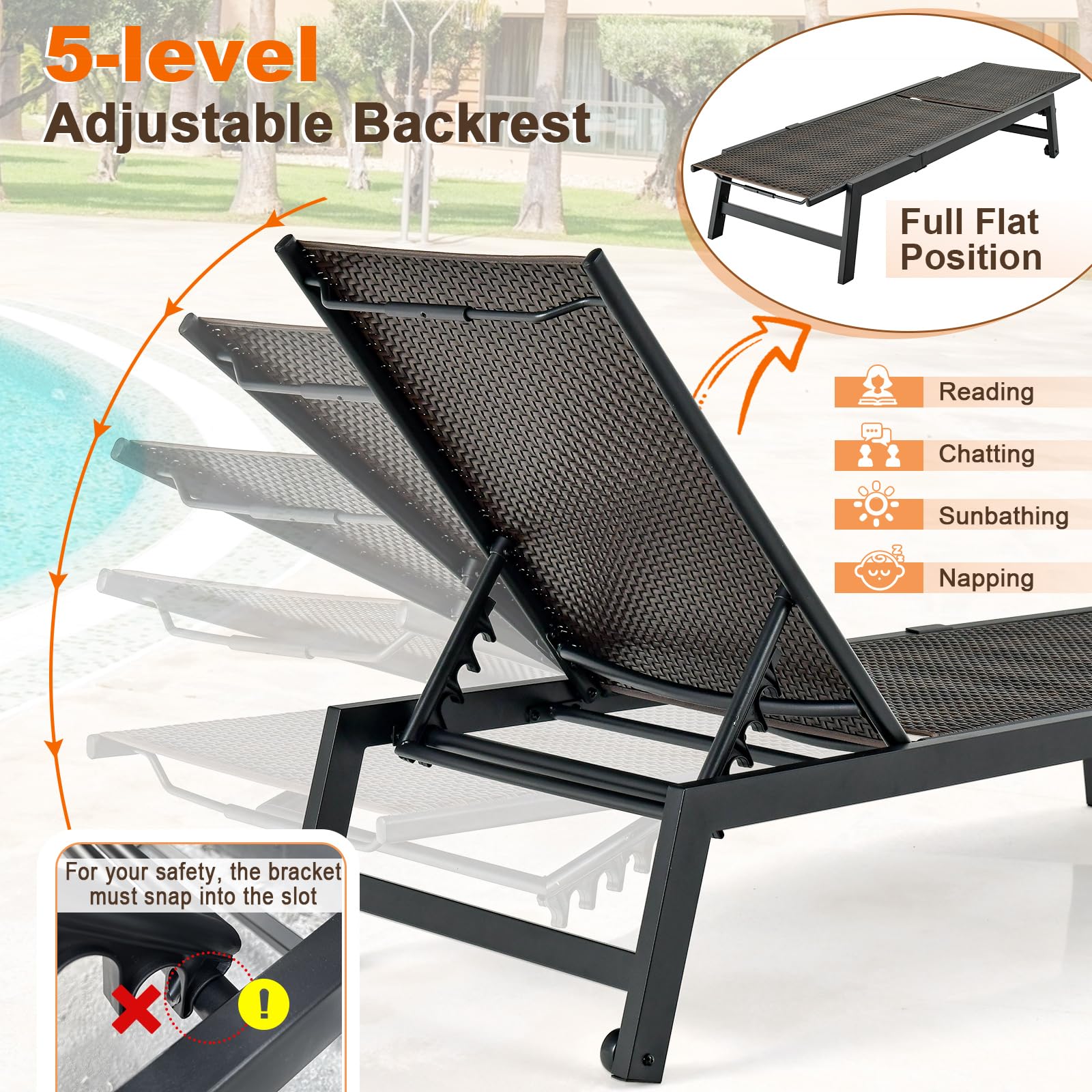 DORTALA Chaise Lounge Chair Outdoor, Patio PE Rattan Recliner with Adjustable Backrest & Wheels, Wicker Tanning Chair for Backyard, Deck, Poolside, Beach (Set of 2)
