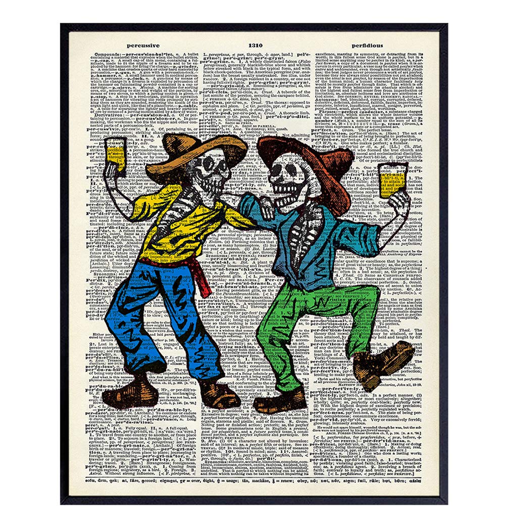 Day of the Dead Wall Art Poster - Halloween Mexican Skeleton, Sugar Skull Decor - 8x10 Home or Party Decoration for Living Room, Bedroom, Bar - Unique Gift for Men - UNFRAMED Print - Beer Party Bros