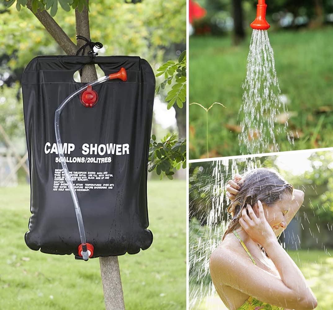 DkOvn 1/2/4 Pack Solar Shower Bag, 5 Gallons/20L Camping Shower Bag, Portable Shower Bag with Removable Hose and On-Off Switchable Shower Head for Camping Beach Swimming Outdoor Traveling(2 Pack)