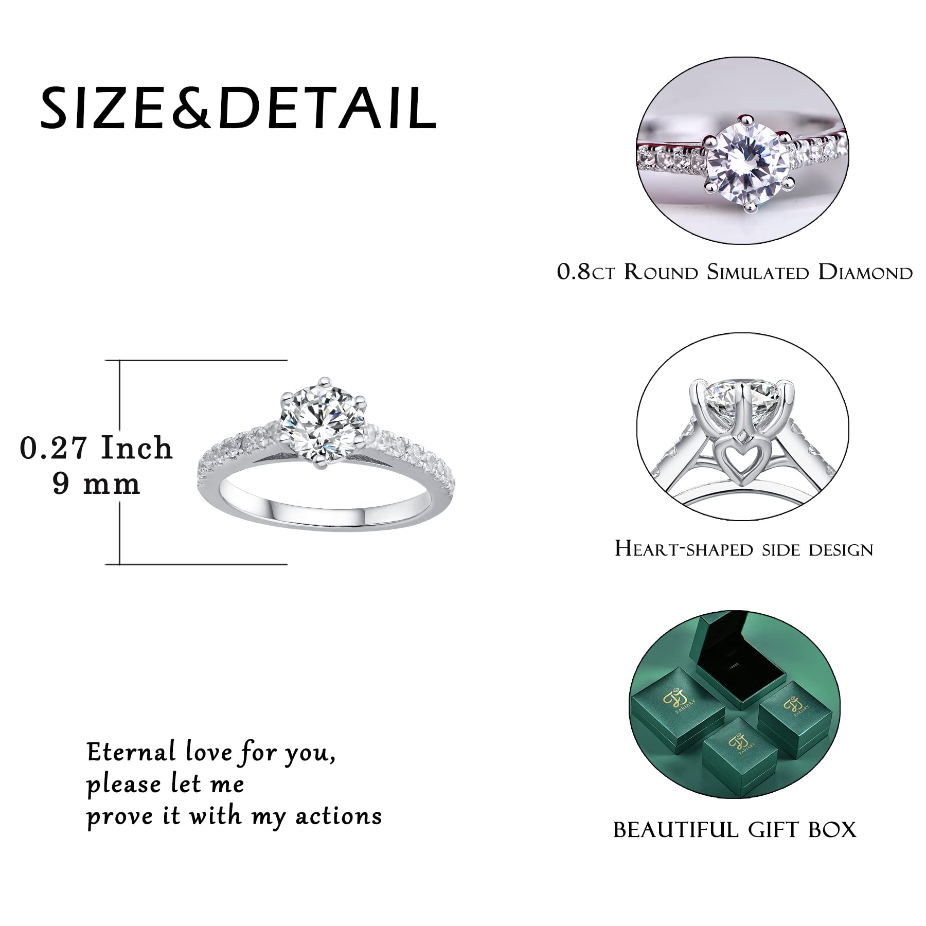 FJ 1CT Promise Ring 925 Sterling Silver Engagement Wedding Anniversary Eternity Ring Round Cut Cubic Zirconia Solitaire Ring for Women Size 8