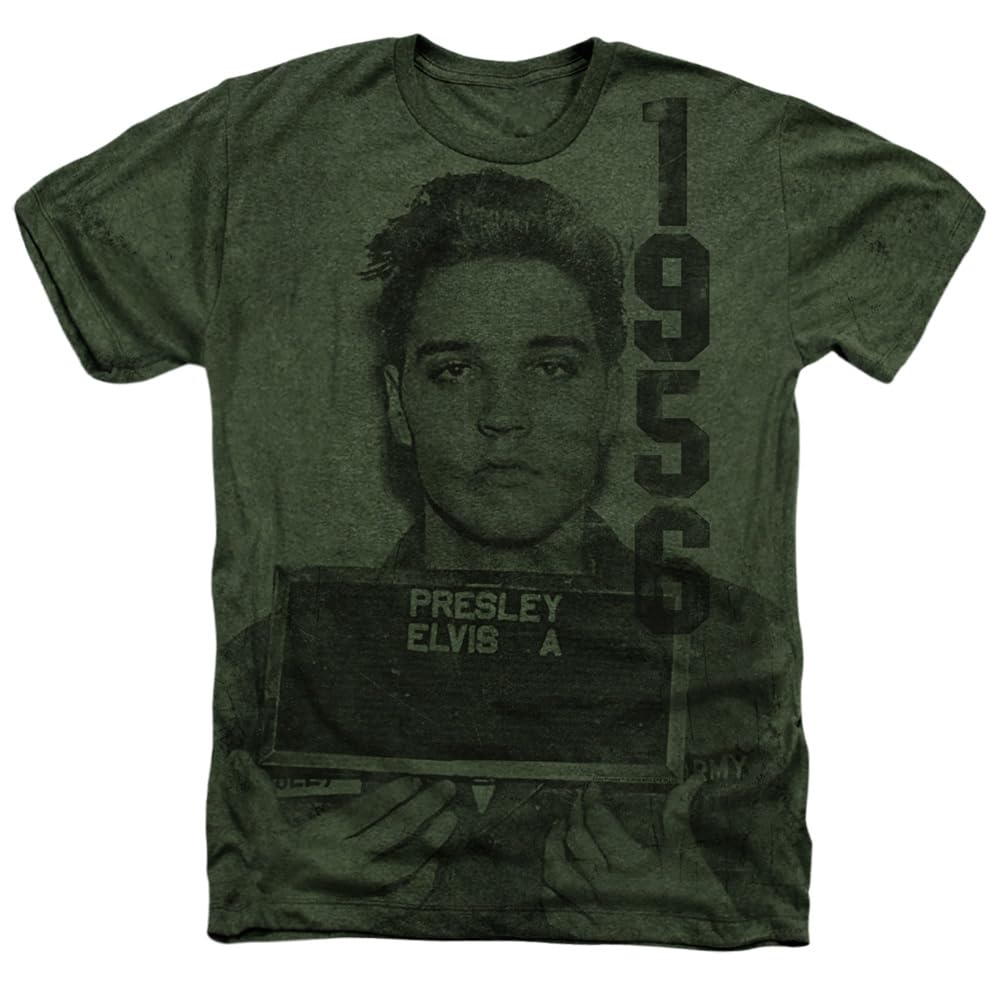 Elvis Presley Army Mug Shot Rock 'N' Roll Unisex Adult Sublimated Heather T Shirt, Military Green, Large