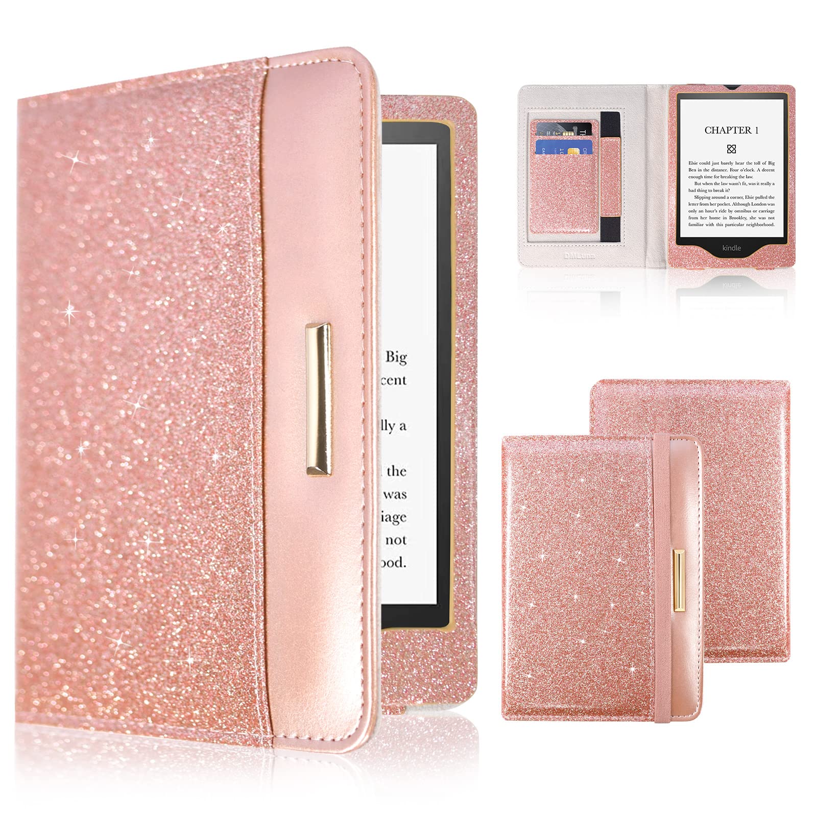 DMLuna Kindle Paperwhite Case, Fits 11th Generation 2021, 6.8”, Smart Protective Durable Premium PU Leather Cover with Auto Sleep Wake, Hand Strap, Card Slots, Magnetic Clasp, Glitter Rose