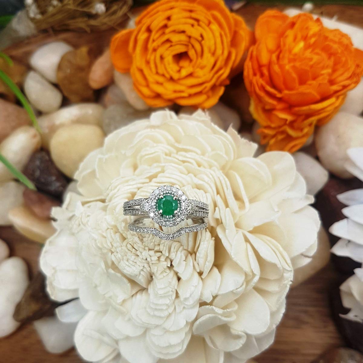 Dazzlingrock Collection 14k Round Emerald & White Diamond Women Halo Bridal Engagement Ring Set, White Gold, Size 5.5