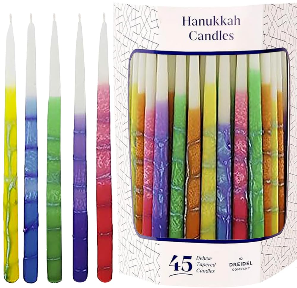 The Dreidel Company Dripless Hanukkah Candles, Multicolored Striped Deluxe Tapered Decorations, Chanukkah Menorah Candles for All 8 Nights (Single-Pack)