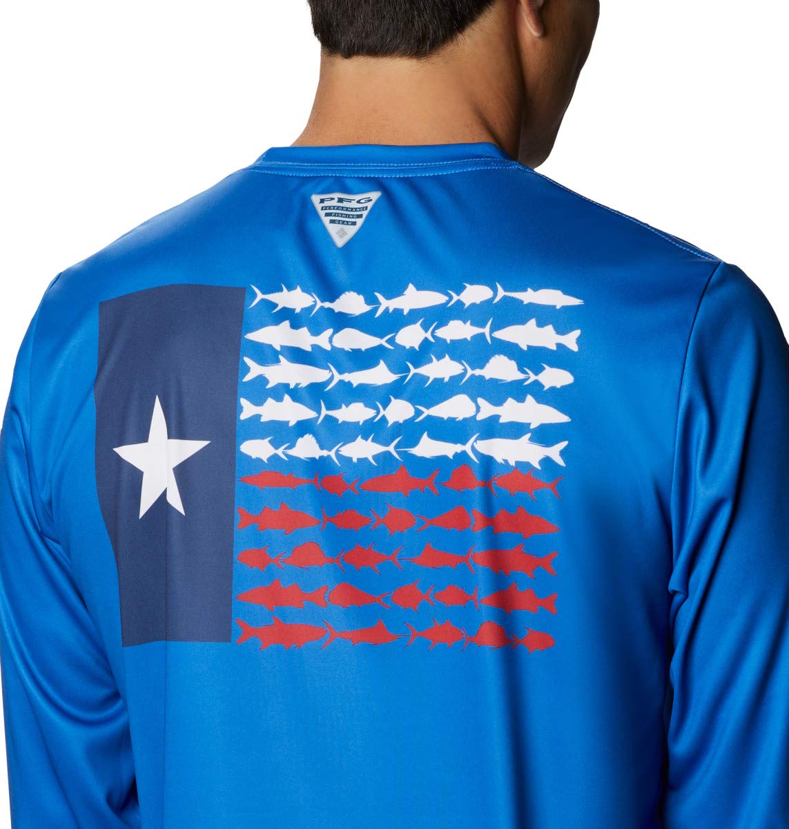 Columbia Men's Terminal Tackle PFG State Fish Flag Long Sleeve, Vivid Blue/Texas, X-Small