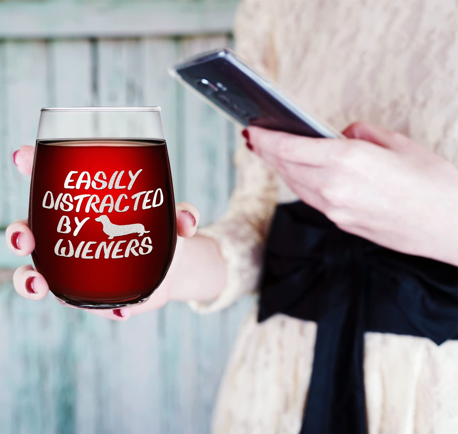 Cuptify Easily Distracted by Wieners Etched on 17 oz Stemless Wine Glass Funny Dachshund Gift for Women, Men Wiener Dog Lovers