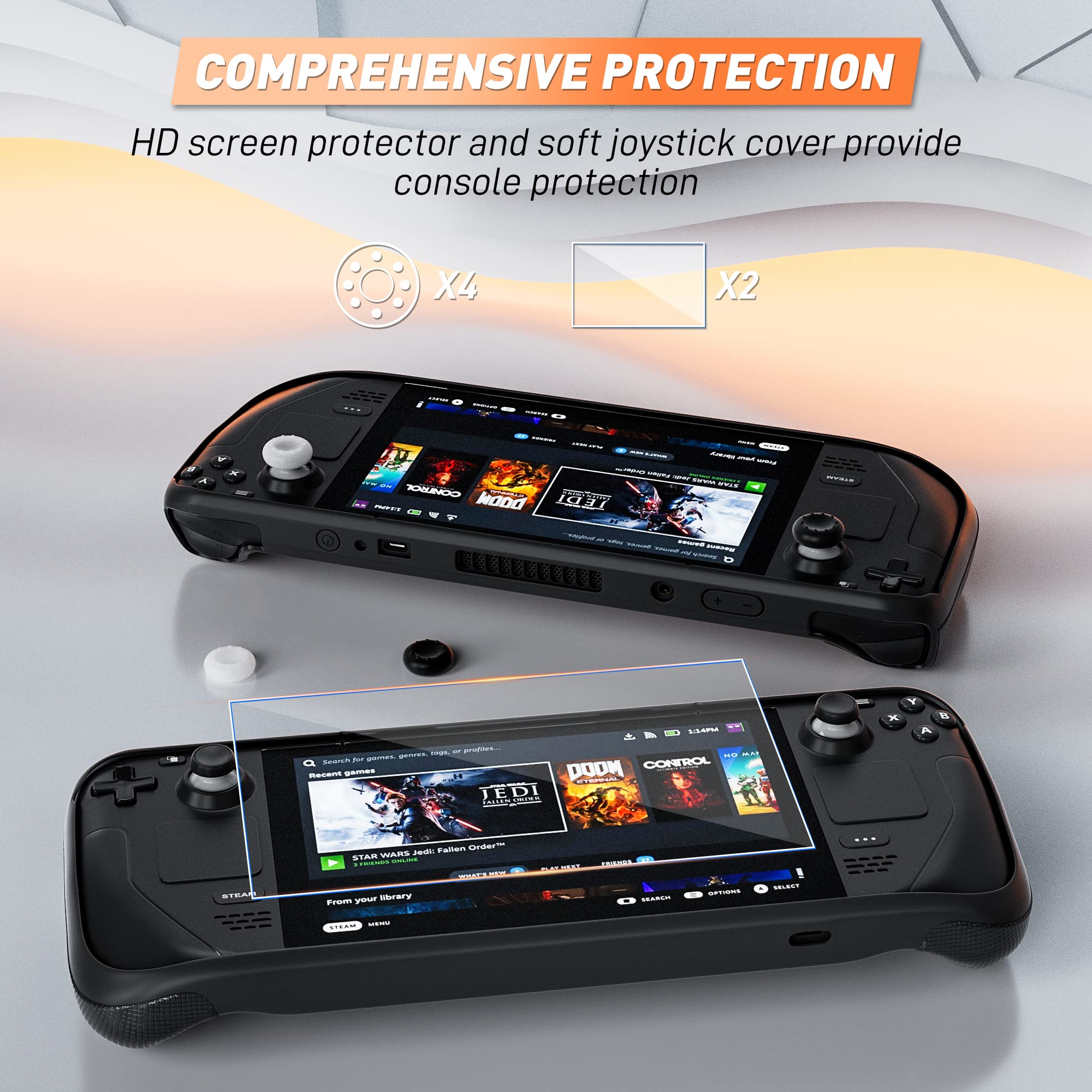 FUNDIARY Thickened TPU Protective Shell for Steam Deck, Non-Slip Texture Handle Case Compatible with Steam Deck, Anti-Collision Cover with 4 Thumb Caps and 2 Tempered Glass Screen Protector