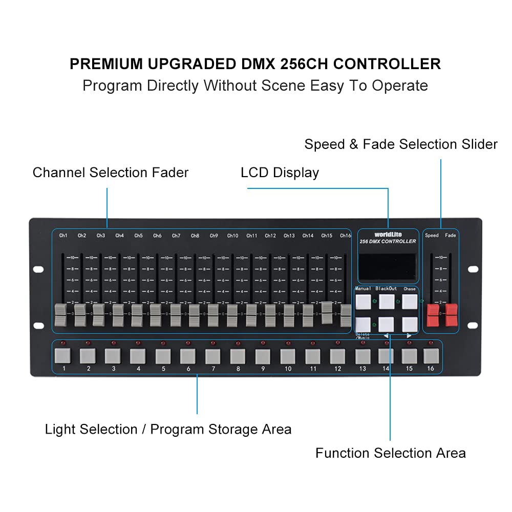 DMX Controller, WorldLite 256CH DMX Console, Premium DMX512 Stage Lighting Controller Program Directly Without Setting Scene, Easy Light Console for Stage & DJ Lighting (256 Channel)