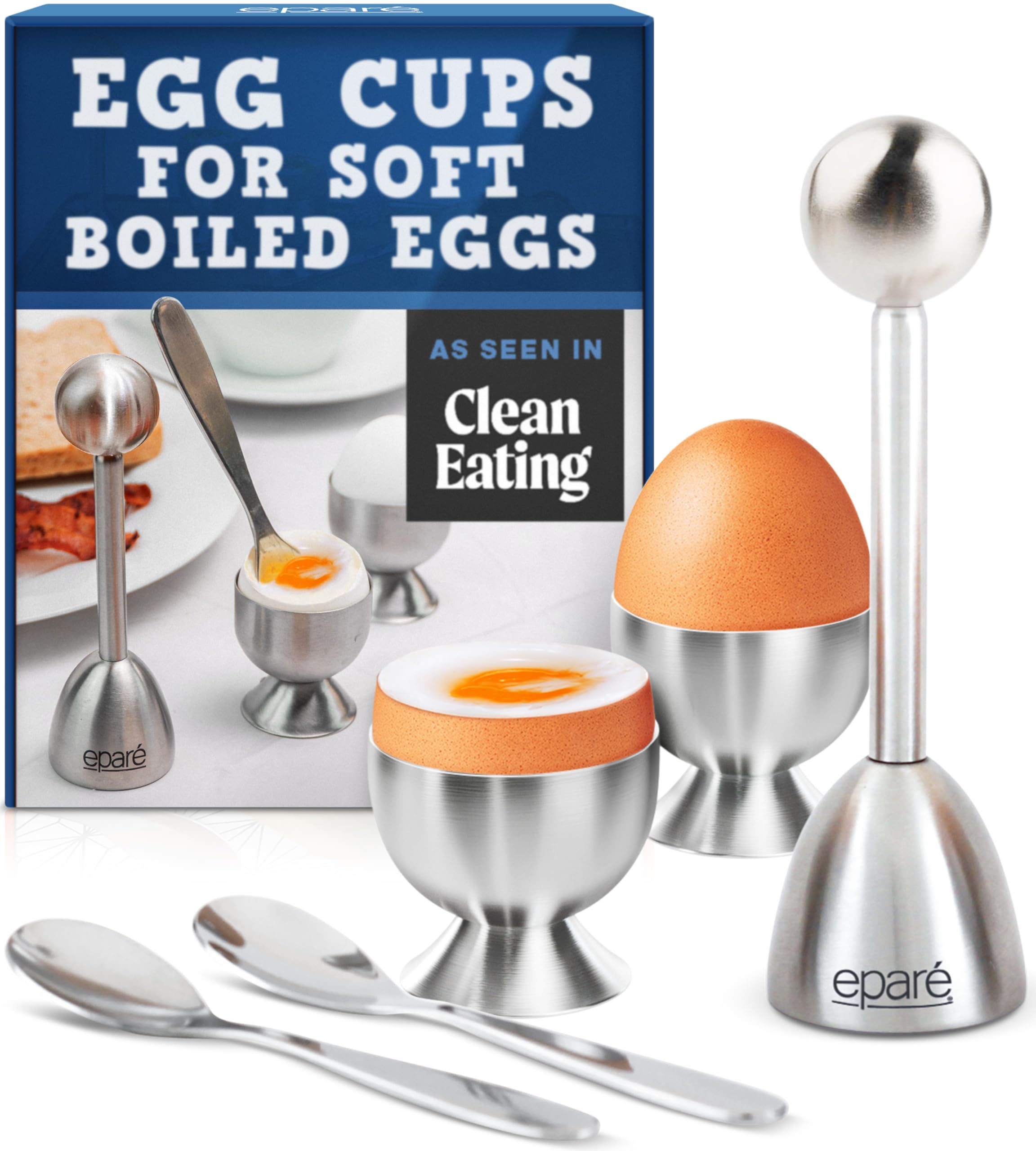 Eparé Egg Cups For Soft Boiled Eggs with Spoons - Hard Boiled Egg Holder & Egg Cracker Tool Set - Stainless Steel Handle Egg Opener Topper & Cutter