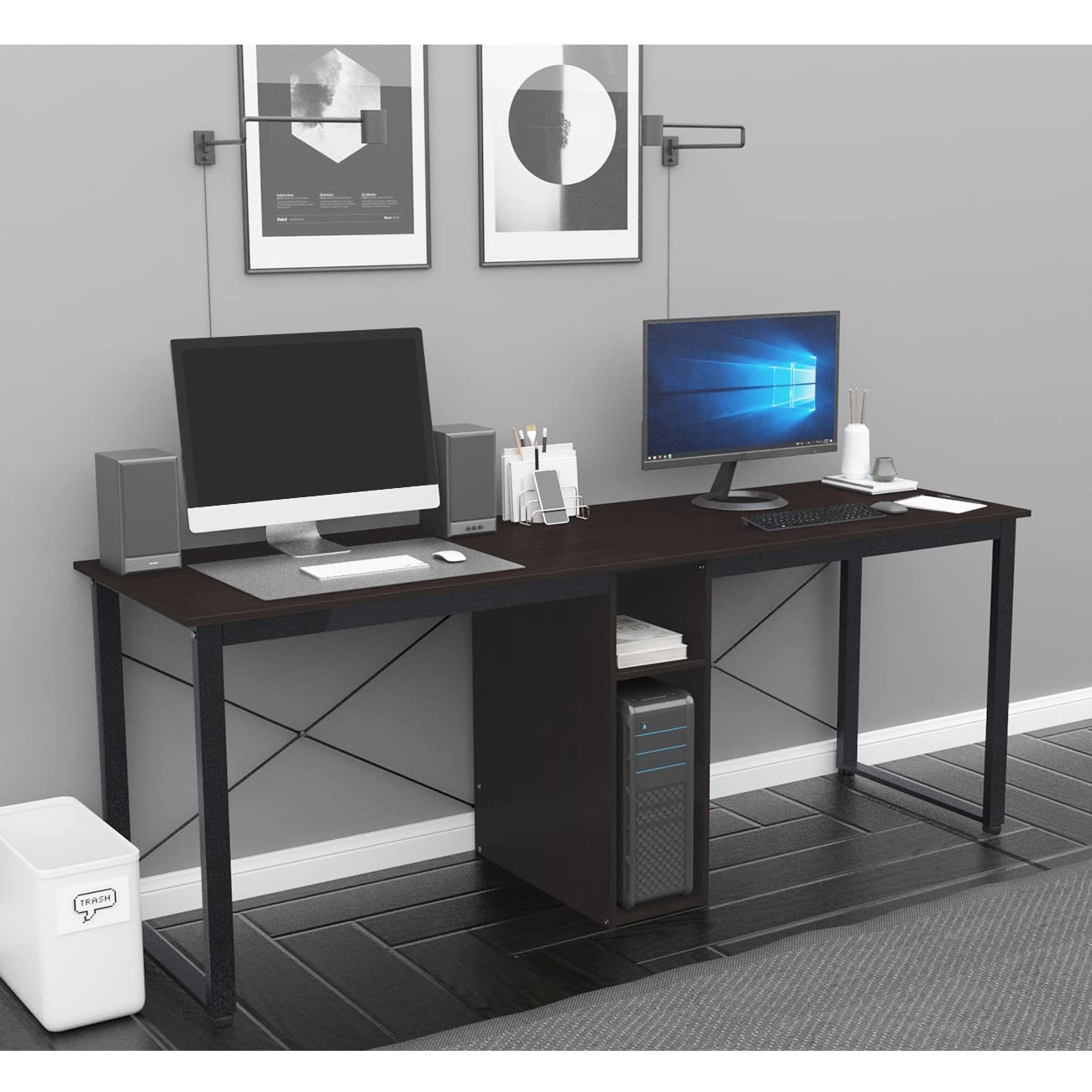 DlandHome Double Computer Storage Desk, 78 inches Extra Large Home Office 2 Person Desk Multifunction Gaming Table Workstation for Home Office, Walnut Black LD-H01