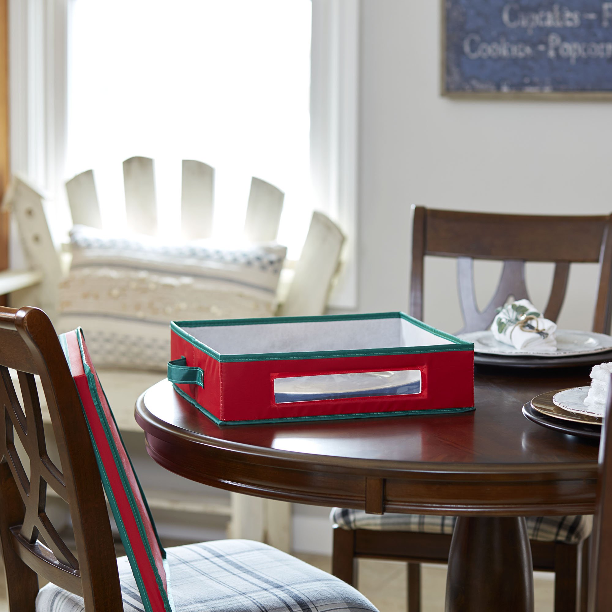 Household Essentials Holiday China Storage Chest with Lid and Handles | Charger Plates and Platters | Red Canvas with Green Trim
