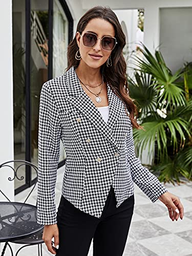SheIn Women's Houndstooth Long Sleeve Lapel Collar Double Breasted Blazer Jacket Black and White Large