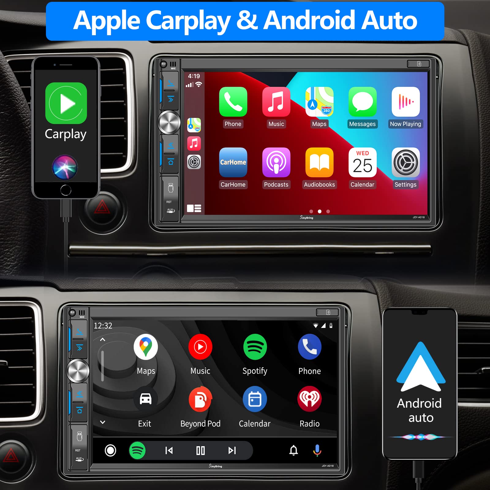 Double Din Car Stereo with Apple CarPlay, Android Auto, Dash Cam, Backup Camera, Bluetooth, Mirror Link, 7-inch Full HD Touchscreen, Subw, SWC, USB/TF/AUX, AM/FM Car Radio