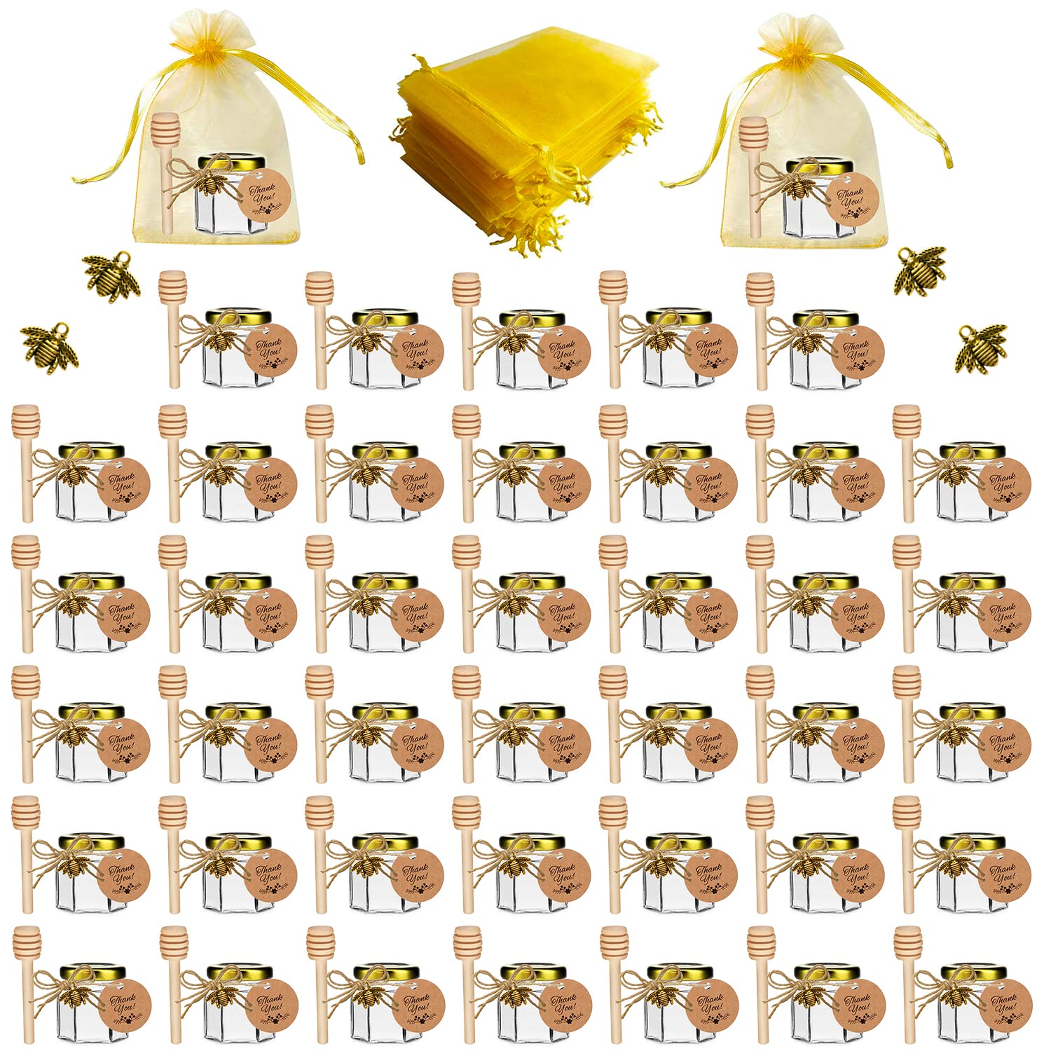 IIKUM 40 Pack 1.5 oz Hexagon Mini Glass Honey Jars with Wooden Dippers, Gold Lids, Bee Pendants, Golden Gift Bags, Thank You Cards, Jutes - Perfect for Baby Shower, Wedding Favors and Party Favors