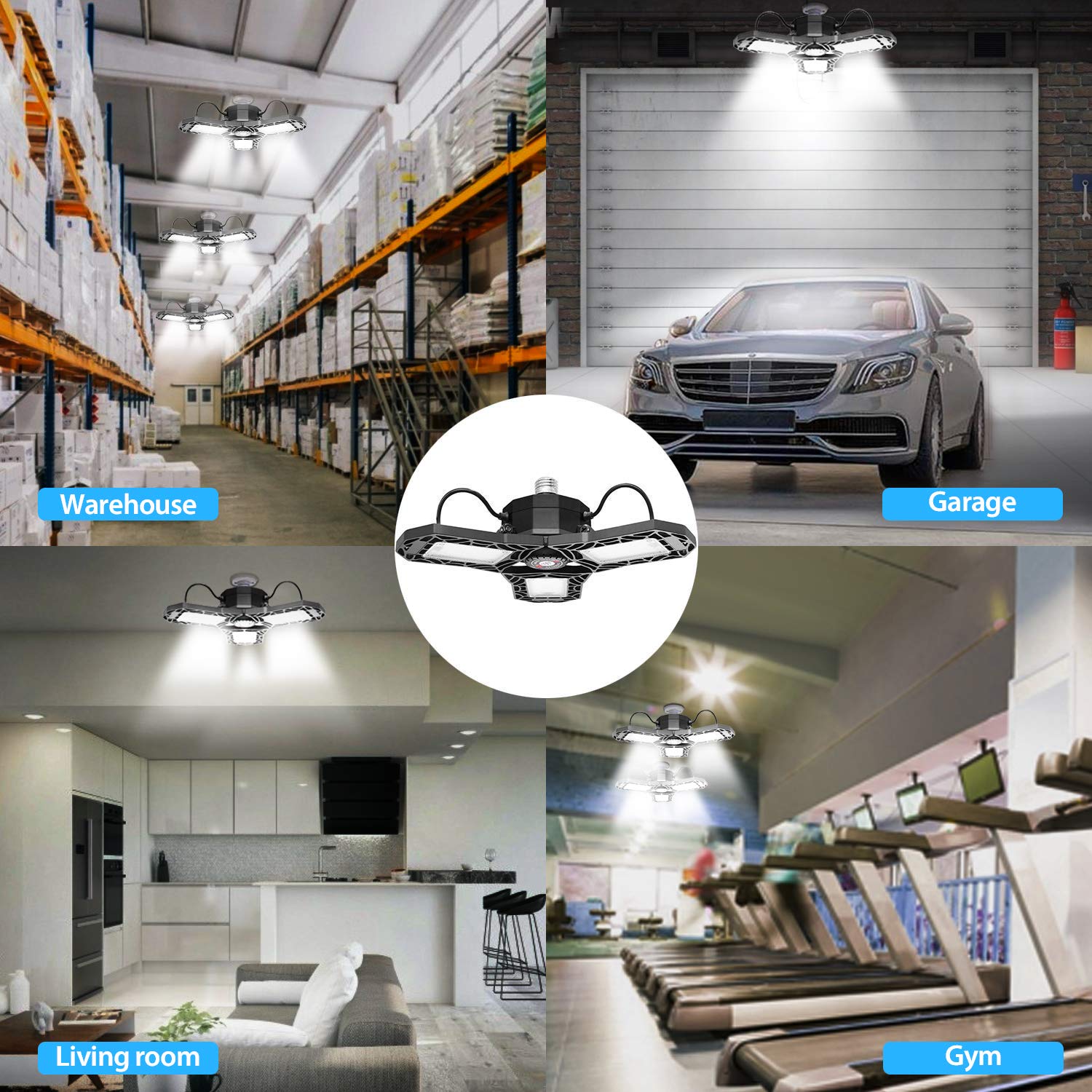 Dudu Cream LED Garage Lights 80W, 8000LM Deformable E26/E27 Garage Ceiling Lighting,CRI 80,6500K,50000H Life Time, 3 Panels Adjustable Aluminum Commercial Lighting for Shop, Warehouse, Barn…