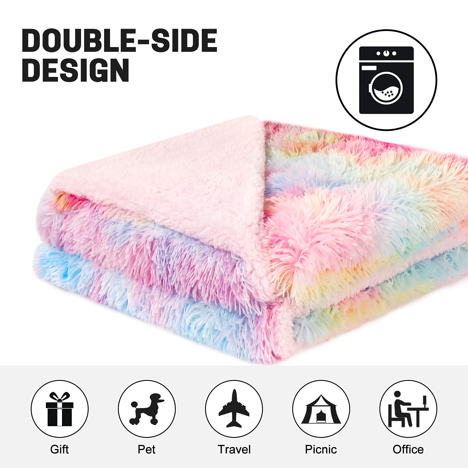 STFLY Faux Fur Throw Blanket, Decorative Luxury Tie Dye Rainbow Throw Blanket for Sofa Bed Couch, Shaggy Soft and Warm Blanket Cozy Plush Throws Queen Size for Autumn&Winter, Girls