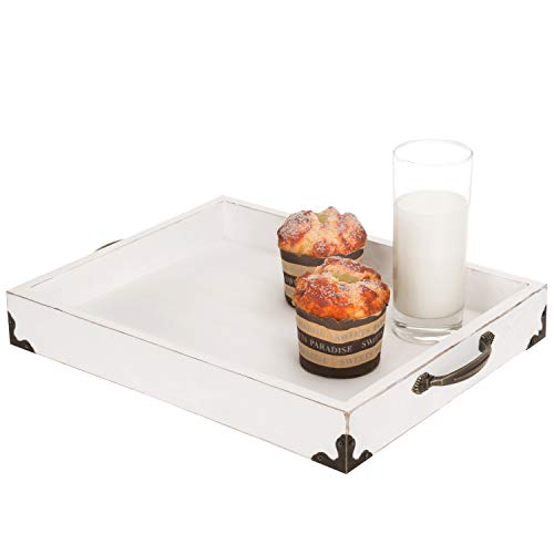 MyGift Vintage White Wood Large Decorative Serving Tray with Antique Handles and Metal Corner Accents, Rectangular Ottoman Breakfast Tray