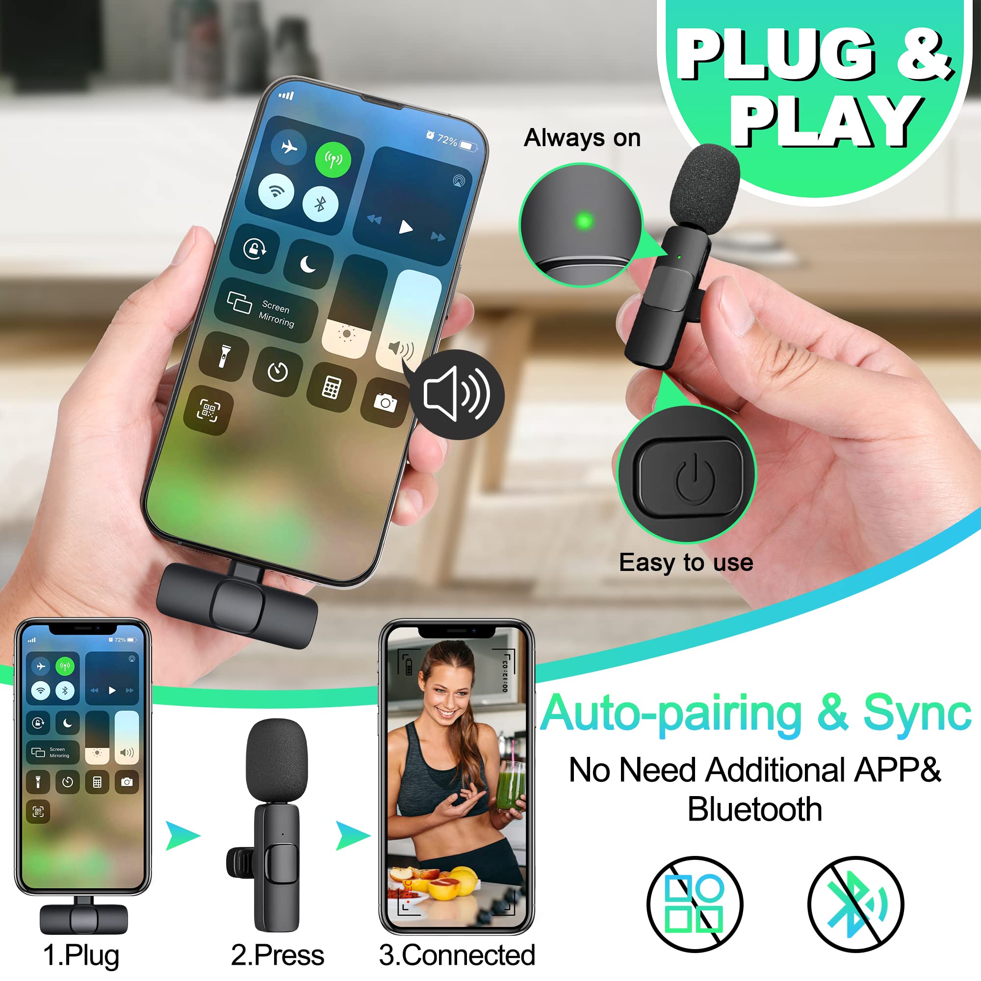 CWZZ Wireless Lavalier Microphone for iPhone iPad, Professional Wireless lavalier Microphone with Clearer Audio, Wireless Microphones, Mini Microphones for Interview, TikTok, YouTube…