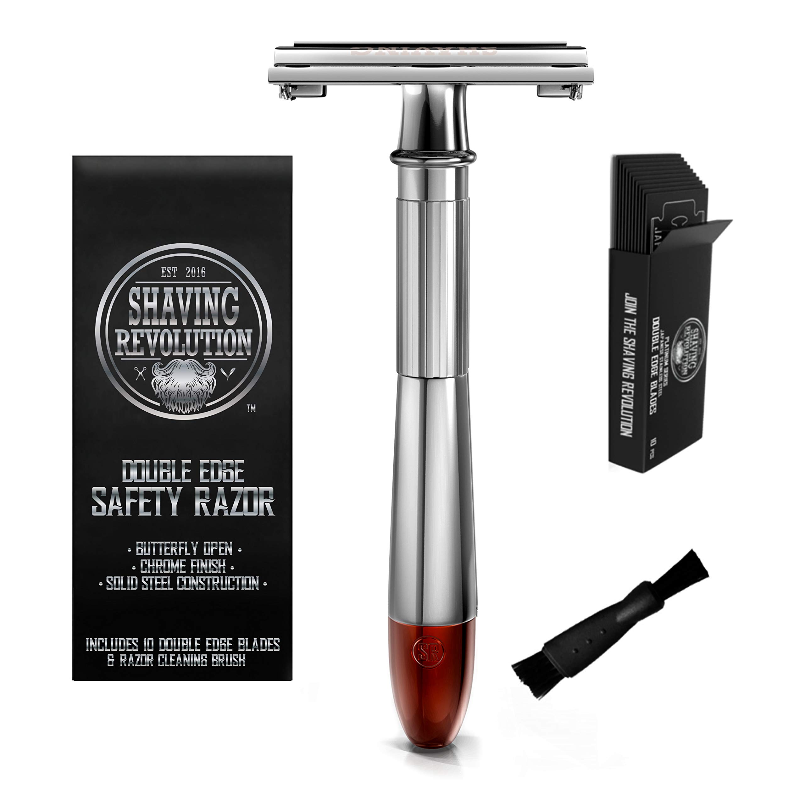 Double Edge Safety Razor - Butterfly Open Razor with 10 Japanese Stainless Steel Blades - Close, Clean Shaving Razor for Men (Silver)