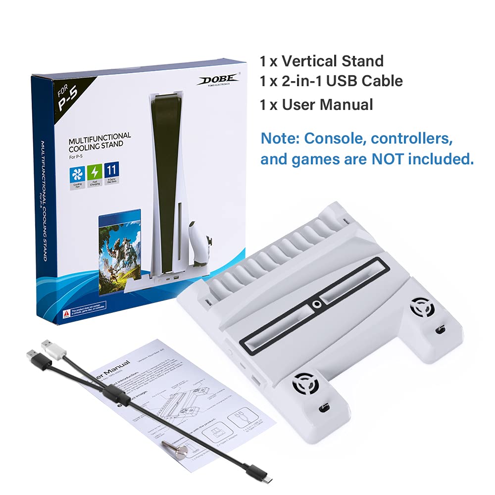 DOBE-TP5-0593 PS5 Stand with Suction Cooling Fan and Dual Controller Charger Station for Playstation 5 PS5 cooling fan stand + CD storage rack + handle dual charging for PS5 DE/UHD (white)