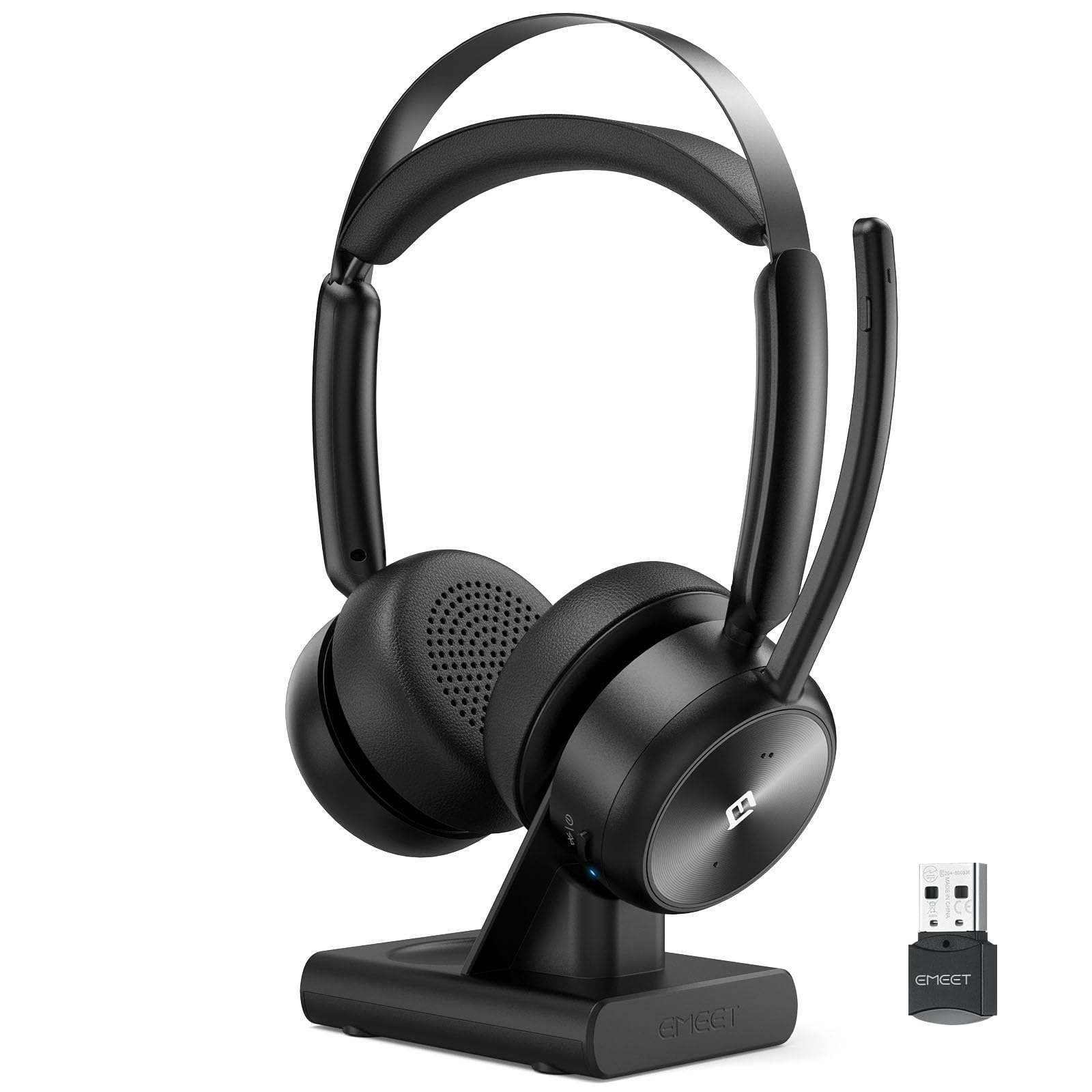 EMEET Wireless Headset, HS80 Bluetooth Headset with Noise Canceling Microphone, 46 hrs Work Time, Charging Base, Mute Button, 2.4G Wireless Dongle/USB, Wireless Headphone for PC/Call Center/Zoom/Skype