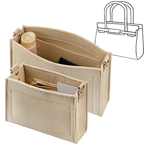 EsLuker.ly 2Pcs Felt Purse Organizer Insert with Zipper, Premium Microfiber Handbag Shaper Tote Bag Organiser Insert Fit Toiletry Pouch 26 19 - Large&Small, Khaki