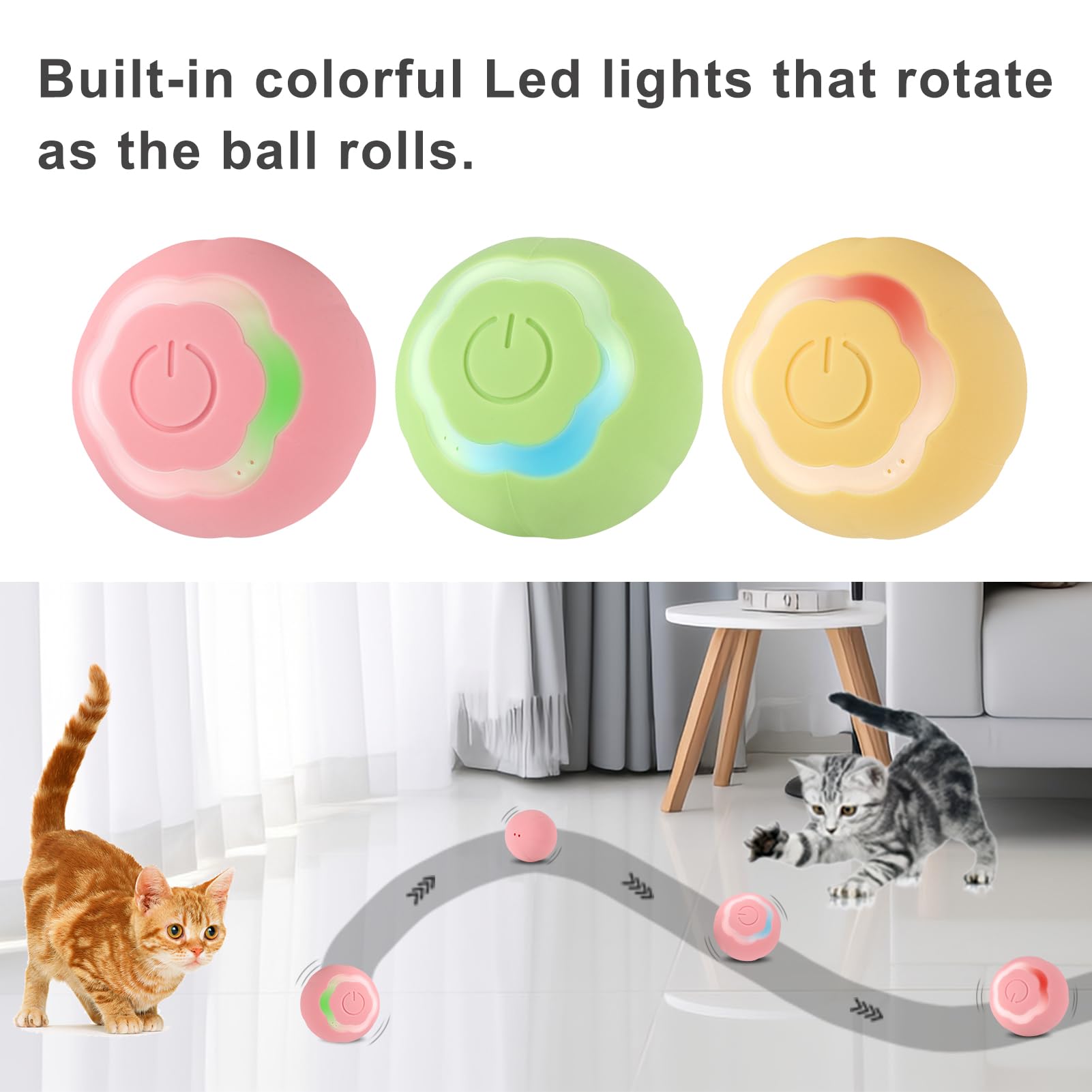 CyperGlory Interactive Cat Smart Ball Toy 2.0, Automatic Power Rolling Ball with Colorful Lights & Floral Design, USB Rechargeable, Activate Natural Hunting Instincts, Perfect Indoor Playmate (Pink)
