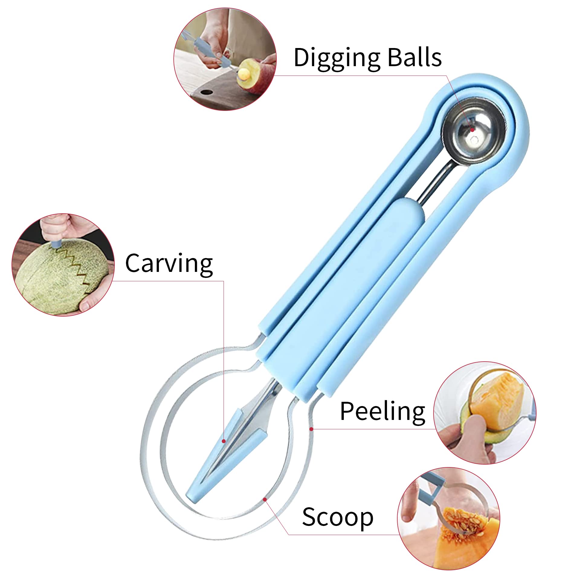 Esmartlife Melon Baller Scoop Set, Professional 4 In 1 Stainless Steel Fruit Carving Tools Knife Kit,Fruit Scooper Double Sided Melon Baller for Watermelon Ice Cream