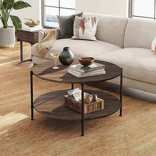 WLIVE Round Coffee Table, Living Room Table with 2-Tier Storage Shelf,32in Wood Modern Coffee Table with Metal Frame and Wood Desktop,Easy Assembly,Brown Walnut.